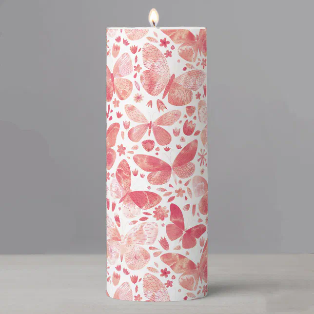 Butterflies Watercolor Coral Pink Pillar Candle | Zazzle