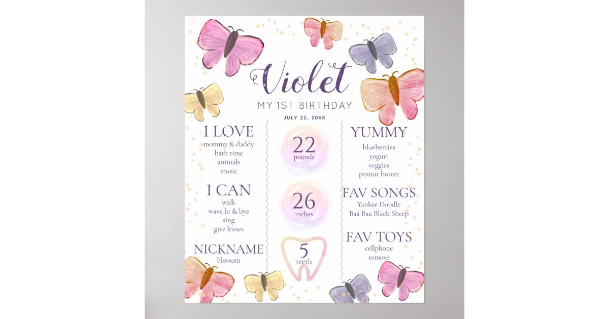 Butterfly 1st Birthday Milestone Poster | Zazzle