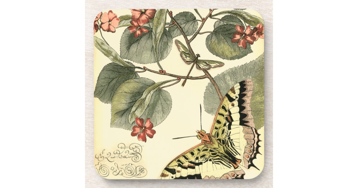 Butterfly and Dragonfly with Red Flowers Coaster | Zazzle