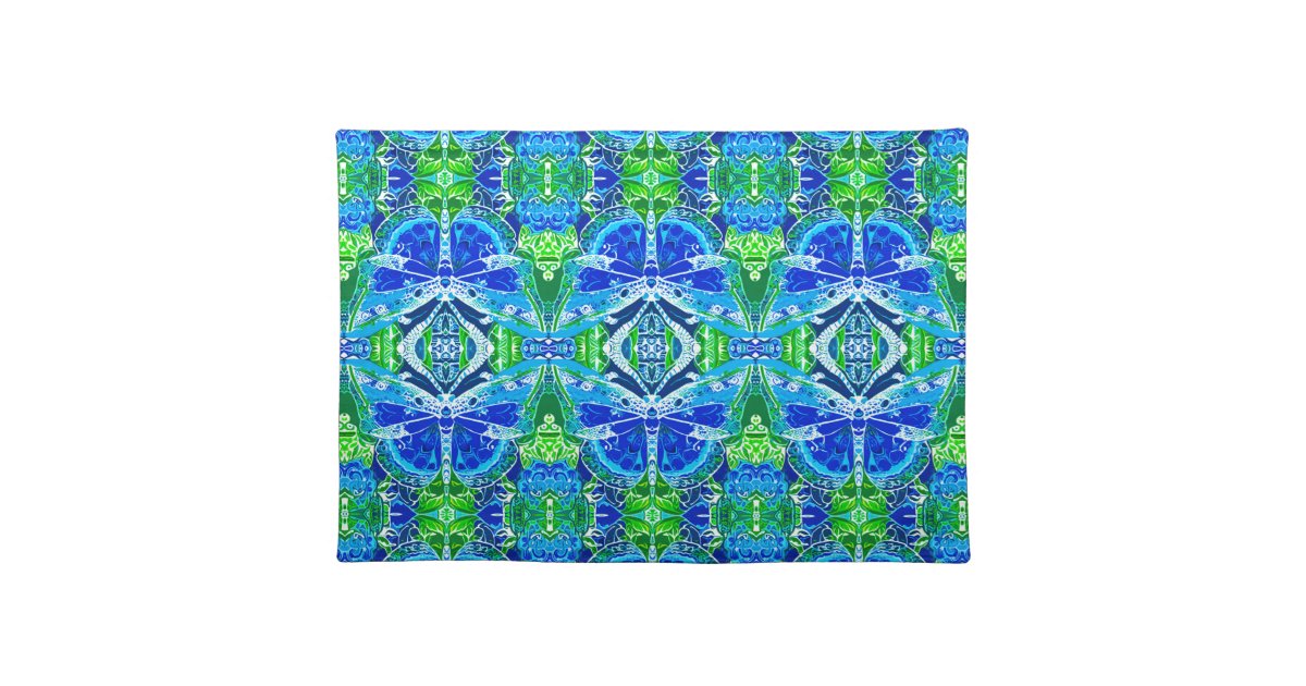Butterfly and Medallion Batik Pattern in Blue Cloth Placemat | Zazzle