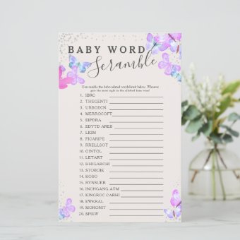 Butterfly Baby Shower Baby Word Scramble Game | Zazzle