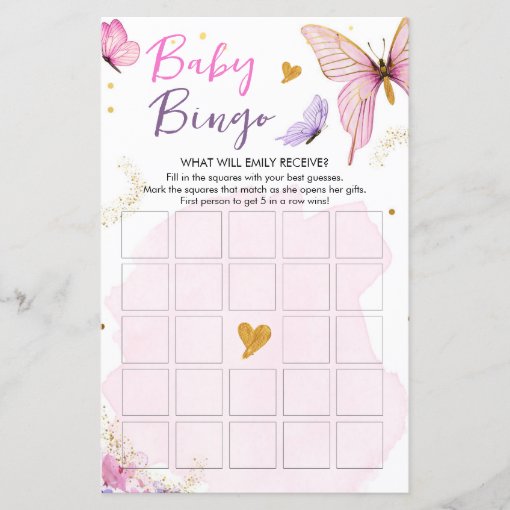 Butterfly Baby Shower Bingo Game Pink Gold Girl | Zazzle