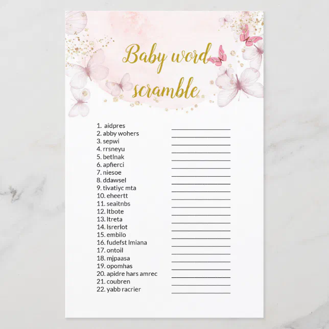 Butterfly Baby Word Scramble Baby Shower Games | Zazzle