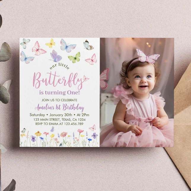 Butterfly Birthday Invitation Baby Girl Photo | Zazzle