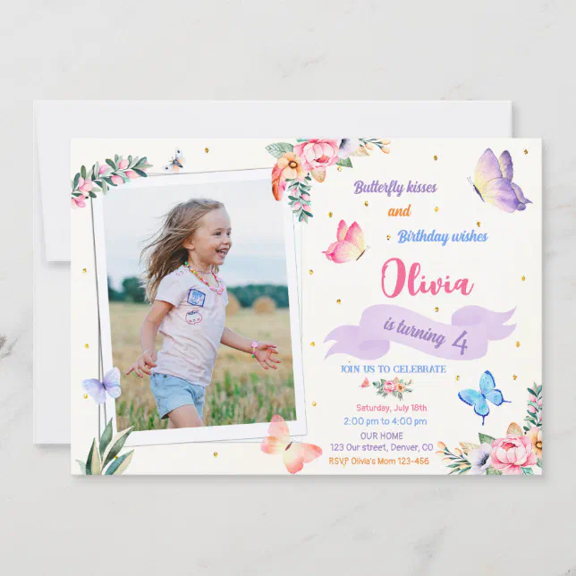 Butterfly birthday invitation with photo picture | Zazzle