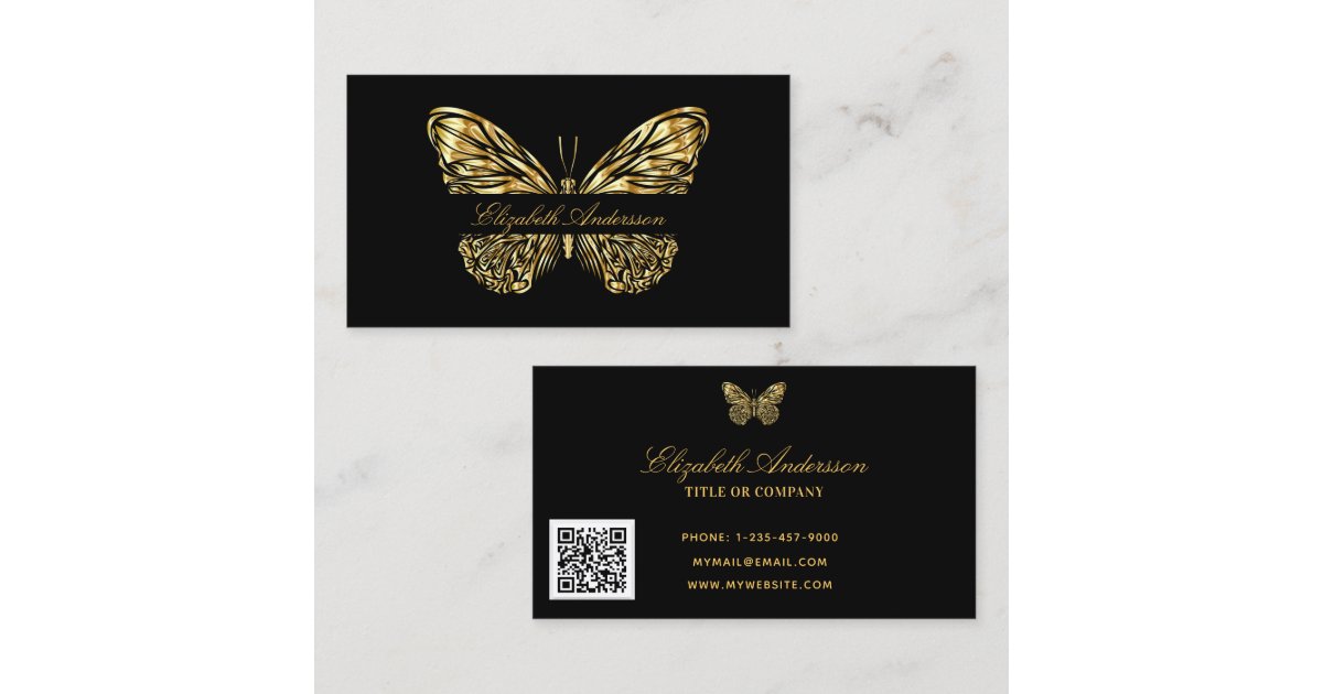 Butterfly black gold QR code elegant script Business Card | Zazzle.com