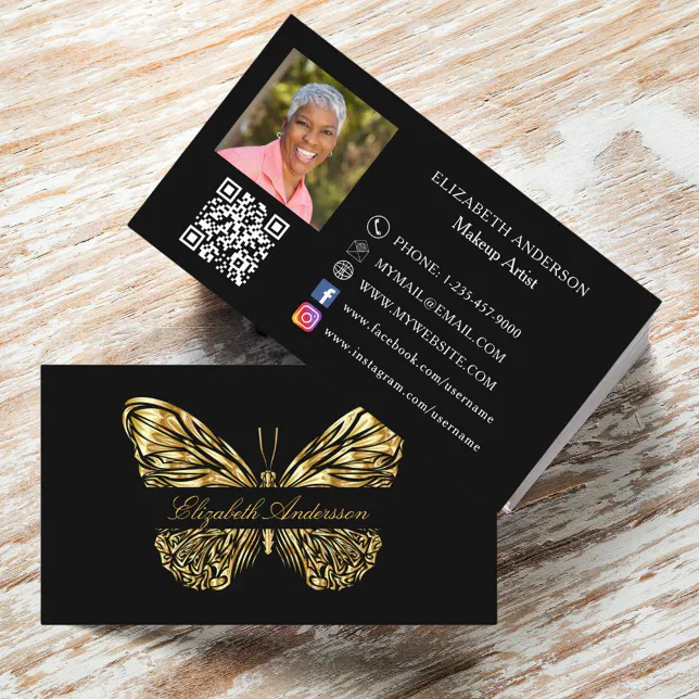 Butterfly black gold QR code photo Business Card | Zazzle