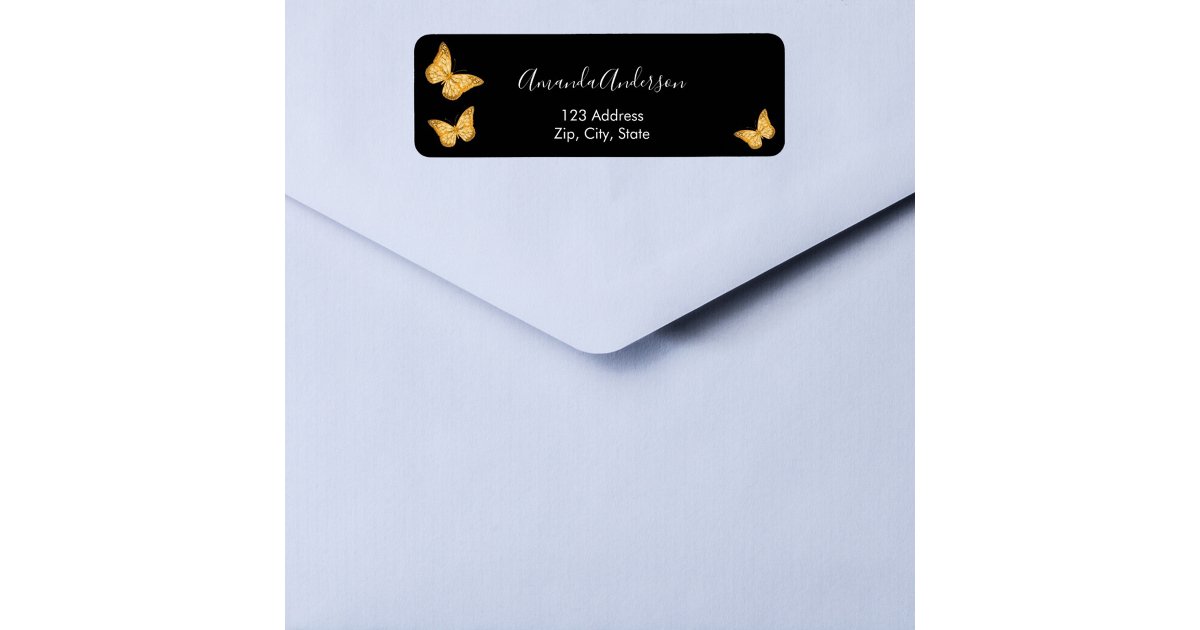 Butterfly black gold return address label | Zazzle