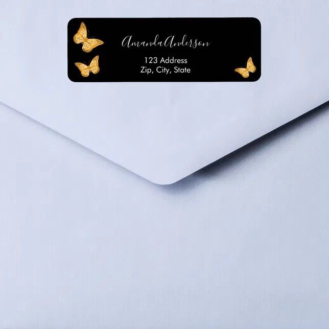 Butterfly black gold return address label | Zazzle