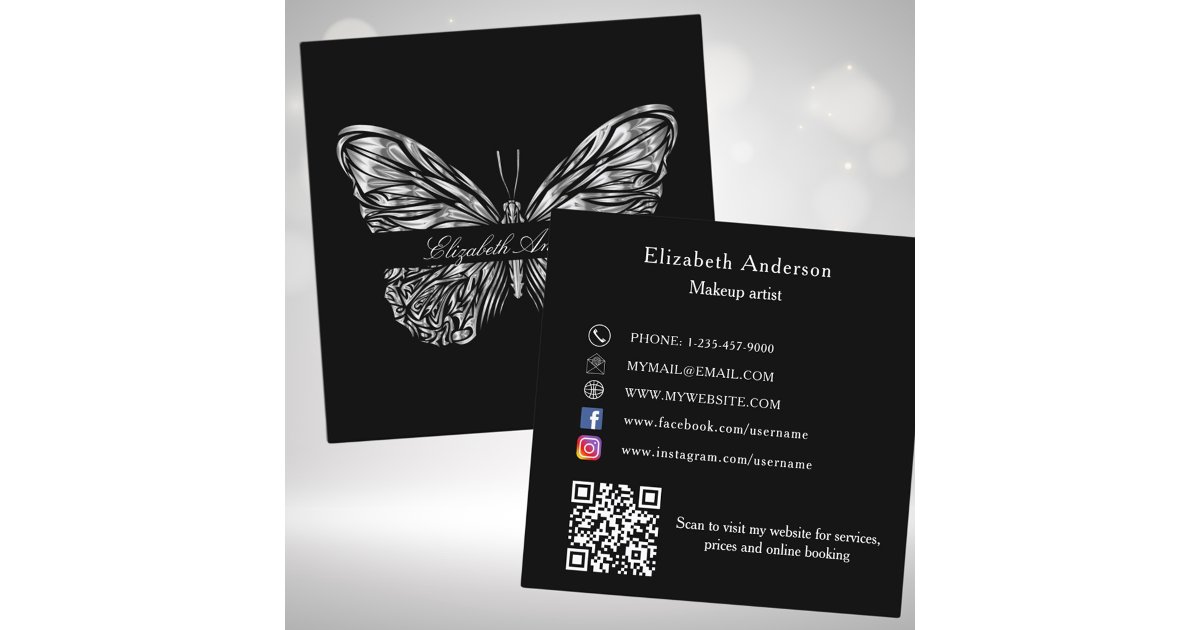 Butterfly black silver QR code elegant script Square Business Card | Zazzle