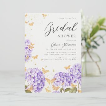 Butterfly Bridal Shower Gold Purple Hydrangea Invitation | Zazzle