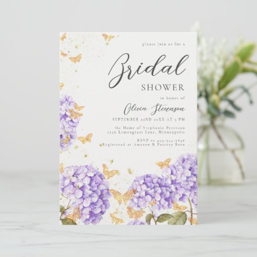 Butterfly Bridal Shower Gold Purple Hydrangea Invitation | Zazzle