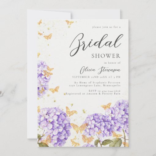 Butterfly Bridal Shower Gold Purple Hydrangea Invitation | Zazzle