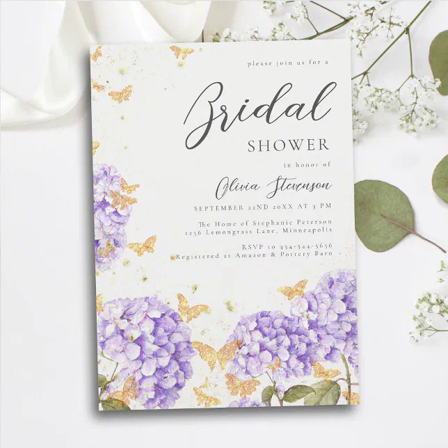 Butterfly Bridal Shower Gold Purple Hydrangea Invitation | Zazzle