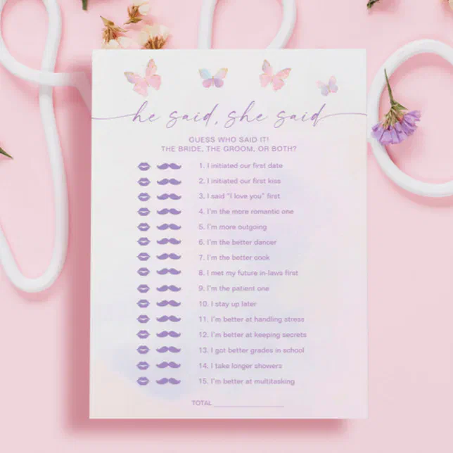 Butterfly Bridal Shower He Said She Said Game Card | Zazzle