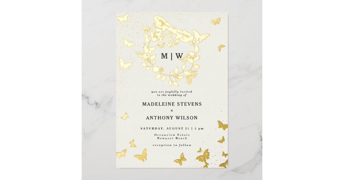Butterfly Crest Ivory Gold Monograms Wedding Foil Invitation | Zazzle