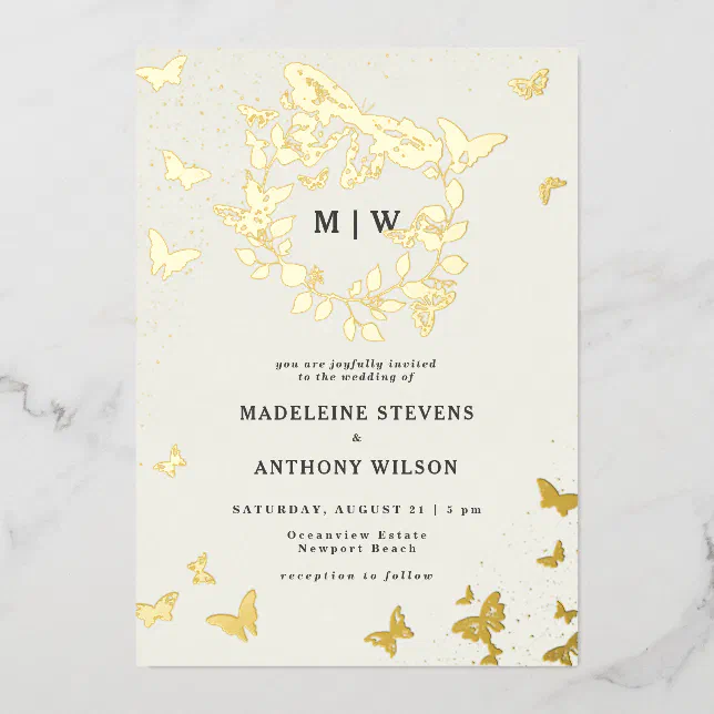 Butterfly Crest Ivory Gold Monograms Wedding Foil Invitation | Zazzle