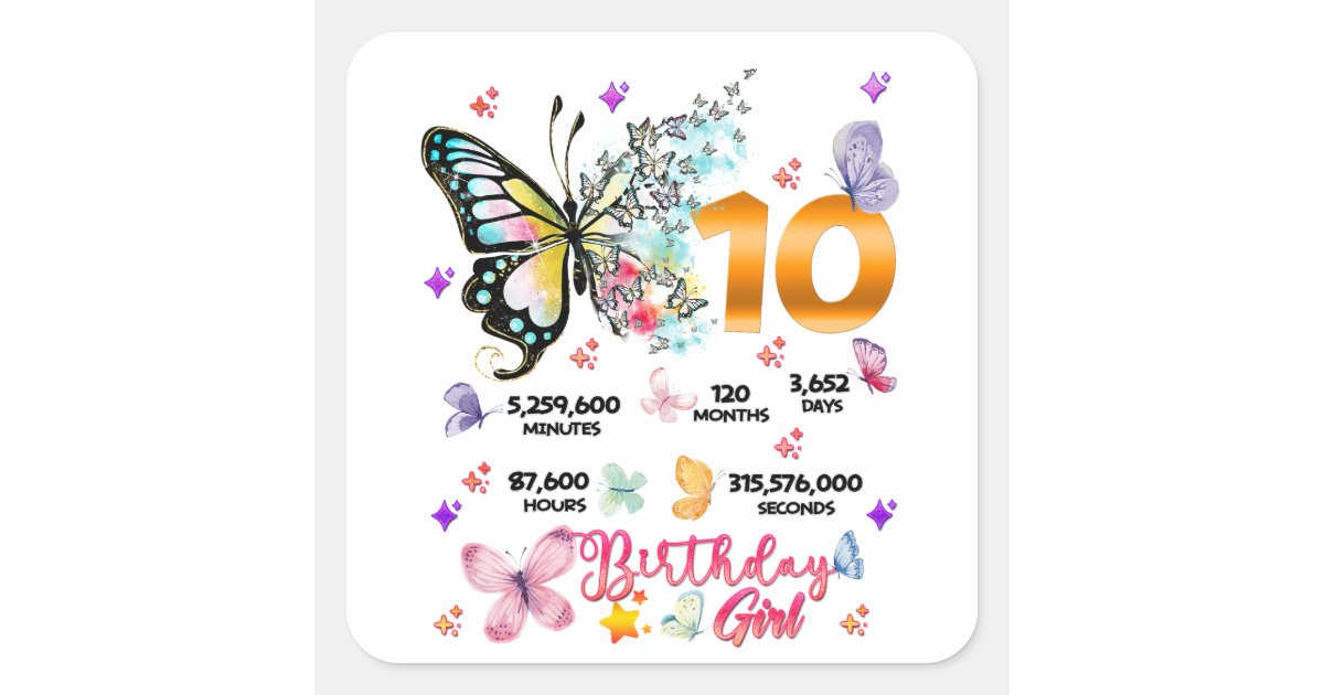 Butterfly Double Digits 10 years Old Butterflies Square Sticker | Zazzle
