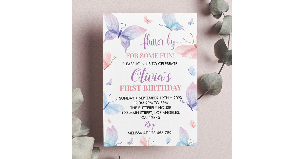 Butterfly First Birthday Invitation Girl Whimsical | Zazzle