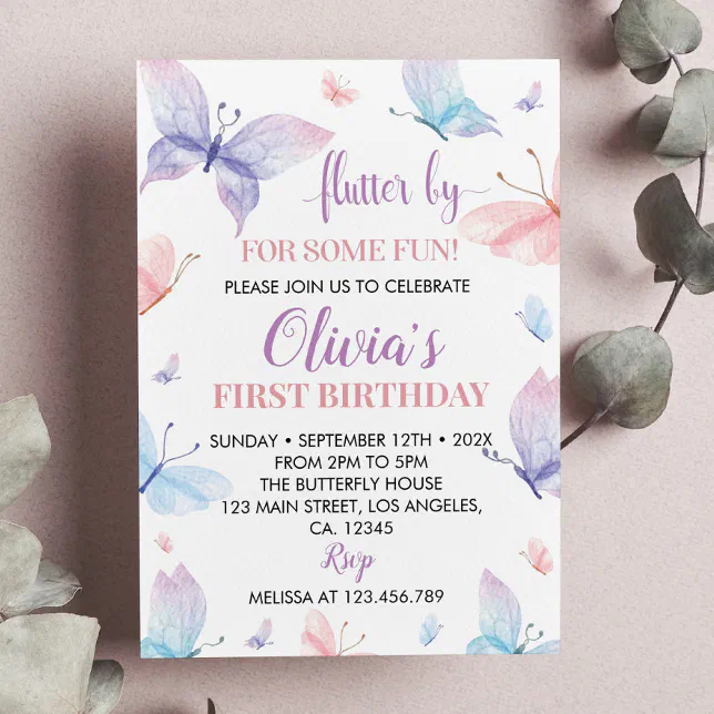 Butterfly First Birthday Invitation Girl Whimsical | Zazzle