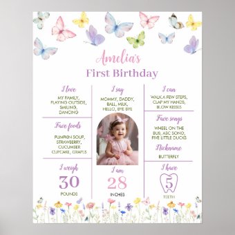 Butterfly First Birthday Party Milestone Poster | Zazzle