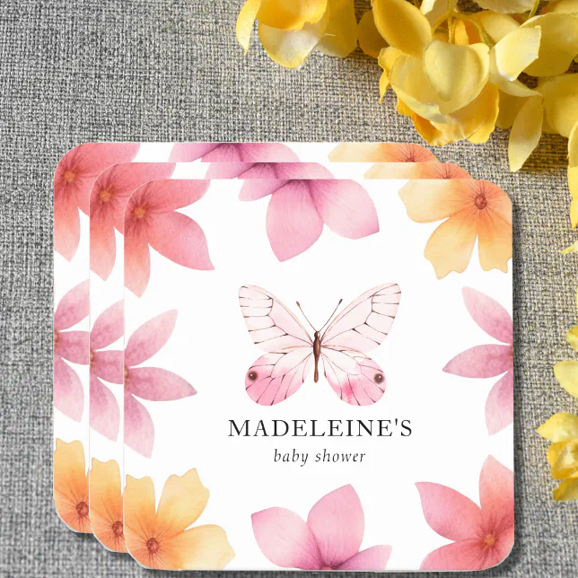 Butterfly Floral Baby Shower Personalized Square Paper Coaster | Zazzle