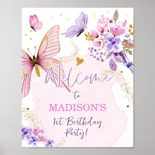 Butterfly Floral Garden Pink Girl Birthday Welcome Poster | Zazzle