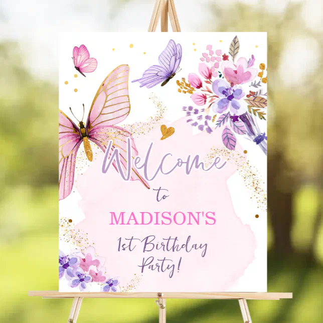 Butterfly Floral Garden Pink Girl Birthday Welcome Poster | Zazzle