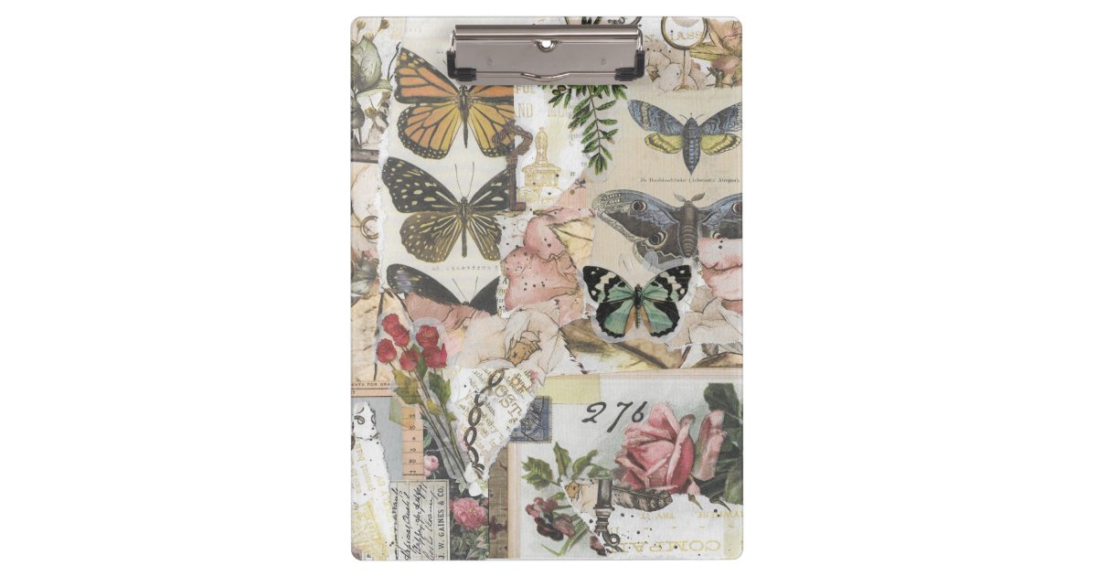 Butterfly Floral Vintage Ephemera Decoupage Clipboard | Zazzle