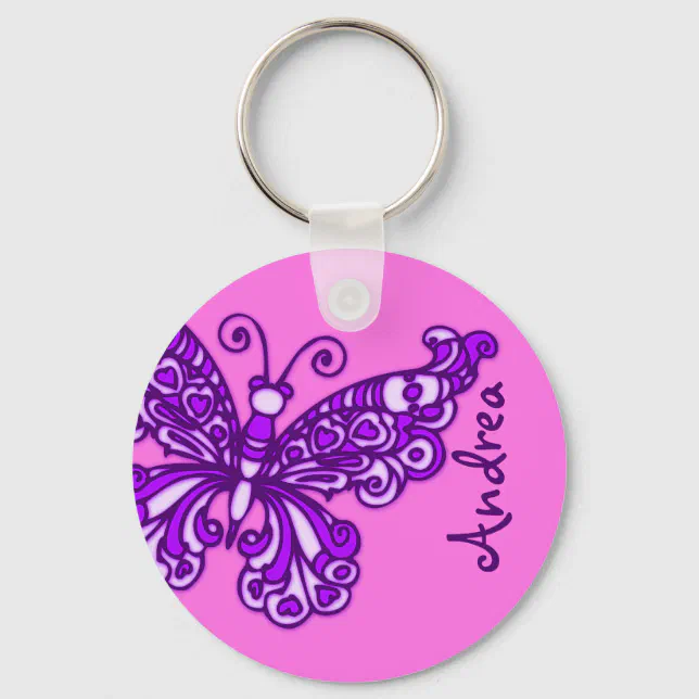 Butterfly girls pink and purple name keychain | Zazzle