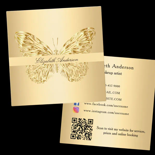 Butterfly gold QR code elegant script Square Business Card | Zazzle