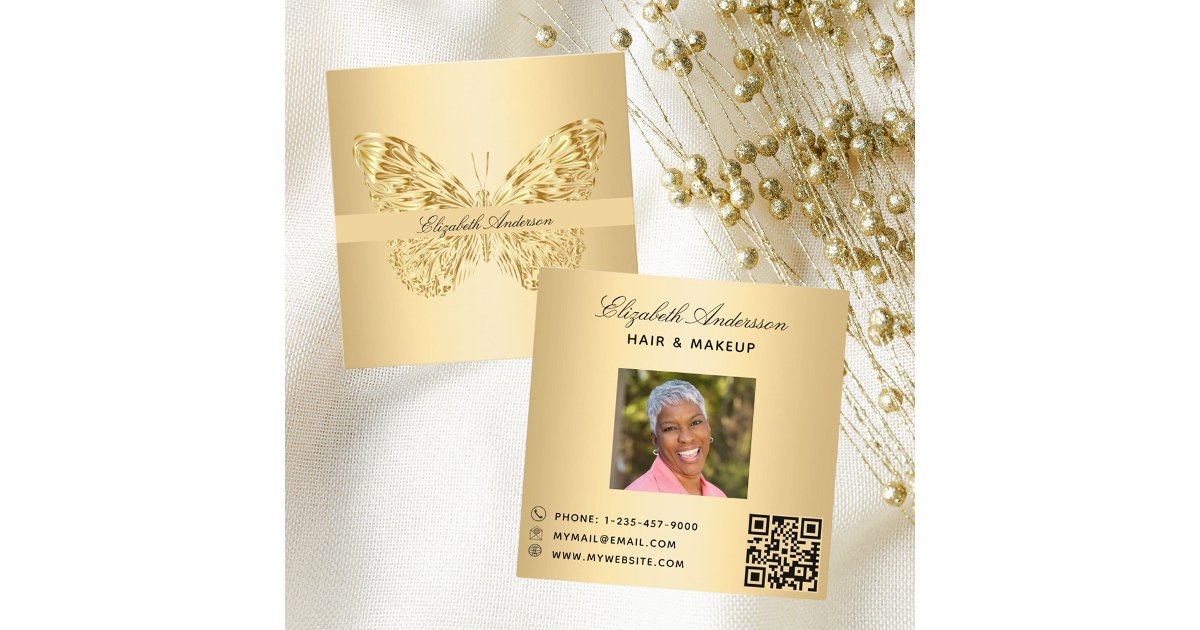 Butterfly gold QR code script photo Square Business Card | Zazzle