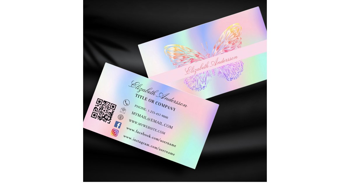 Butterfly holographic pink QR code social media Business Card | Zazzle