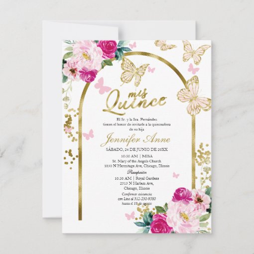Butterfly Hot Pink Floral Spanish Quinceanera Invitation | Zazzle