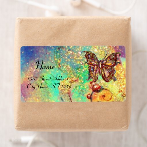 BUTTERFLY IN SPARKLES , blue yellow red green Label | Zazzle