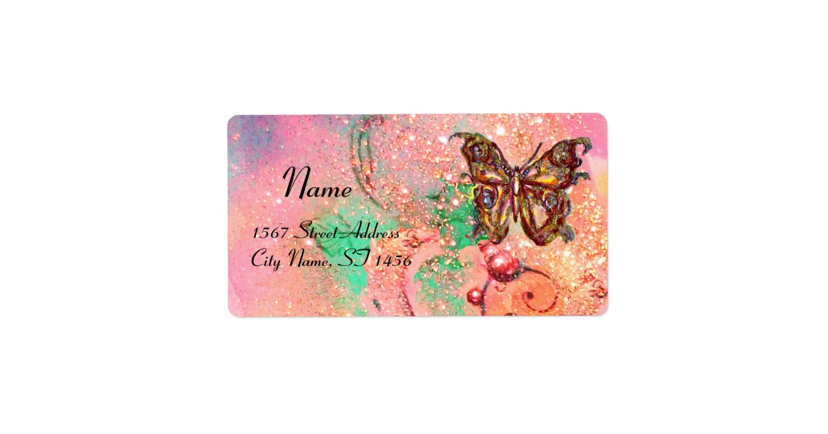 BUTTERFLY IN SPARKLES , pink green Label | Zazzle