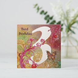 BUTTERFLY IN SPARKLES Third Birthday Party gold Invitation | Zazzle