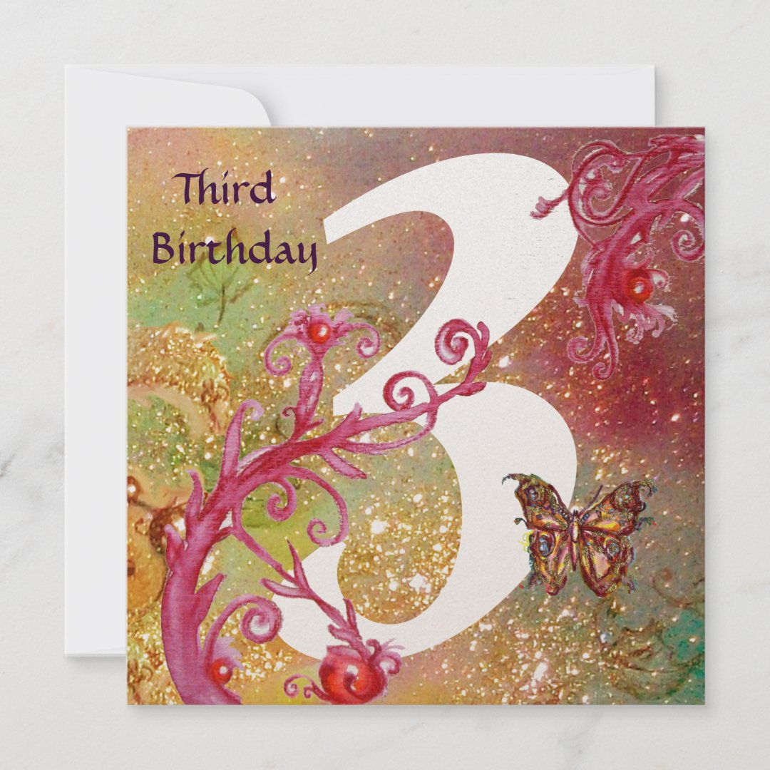 BUTTERFLY IN SPARKLES Third Birthday Party gold Invitation | Zazzle