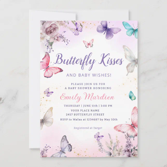 Butterfly Kisses and Baby Wishes Girl Baby Shower Invitation | Zazzle