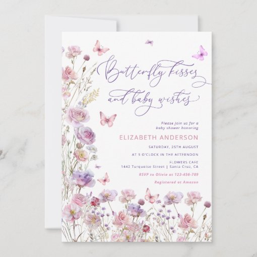Butterfly Kisses and Baby Wishes Purple Pink Baby Invitation | Zazzle