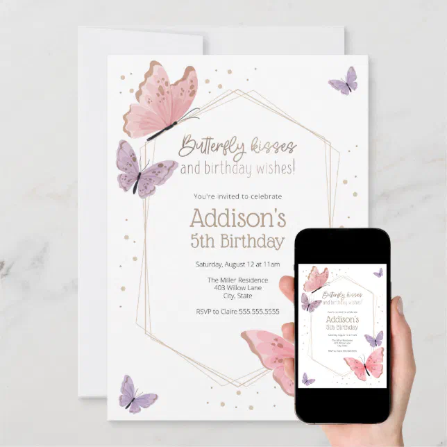 Butterfly Kisses and Birthday Wishes Birthday Inv Invitation | Zazzle