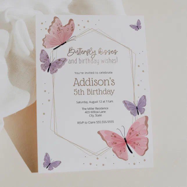 Butterfly Kisses and Birthday Wishes Birthday Inv Invitation | Zazzle