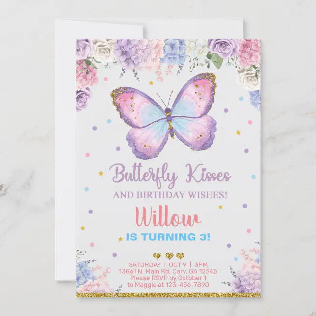 Butterfly Kisses Birthday Wishes Girl Invite Invi Invitation Zazzle