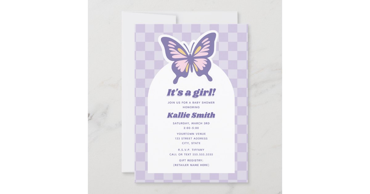 Butterfly Lavender Checkerboard Girl Baby Shower Invitation | Zazzle