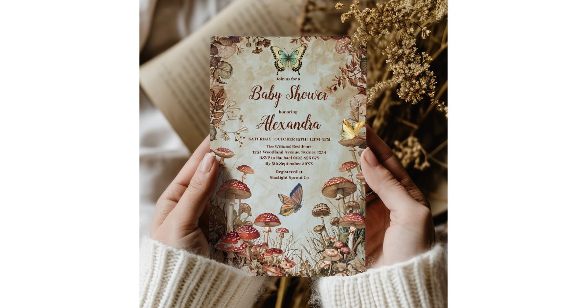 Butterfly Mushroom Woodland Nature Baby Shower Invitation | Zazzle