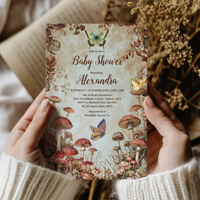 Butterfly Mushroom Woodland Nature Baby Shower Invitation | Zazzle