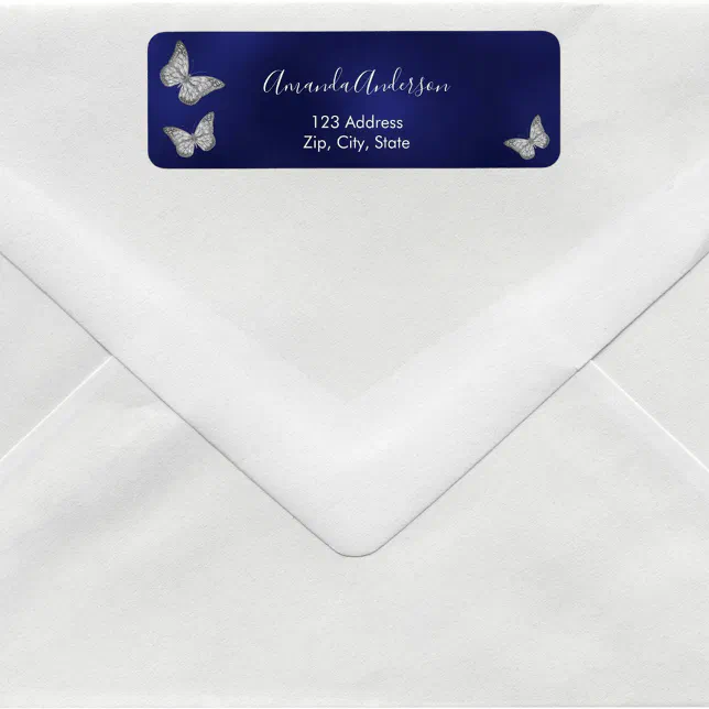 Butterfly navy blue silver return address label | Zazzle