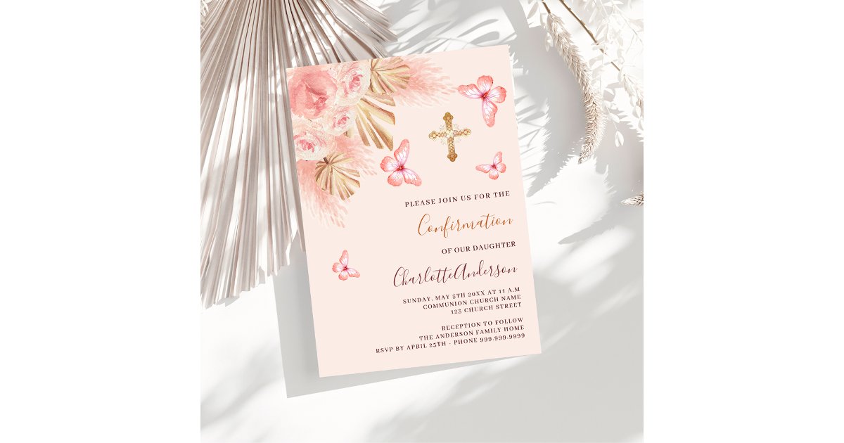 Butterfly pampas rose peach luxury Confirmation Invitation | Zazzle