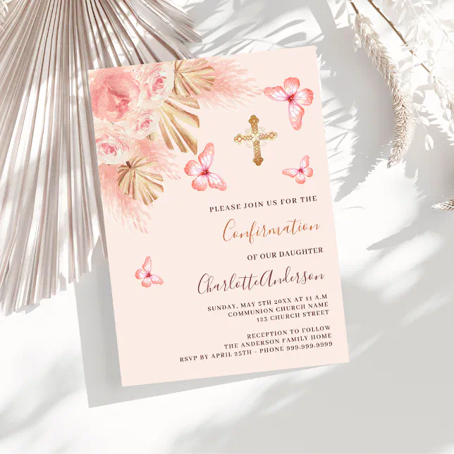 Butterfly pampas rose peach luxury Confirmation Invitation | Zazzle