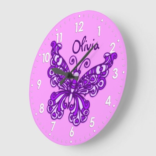 Butterfly purple girls room name wall clock | Zazzle